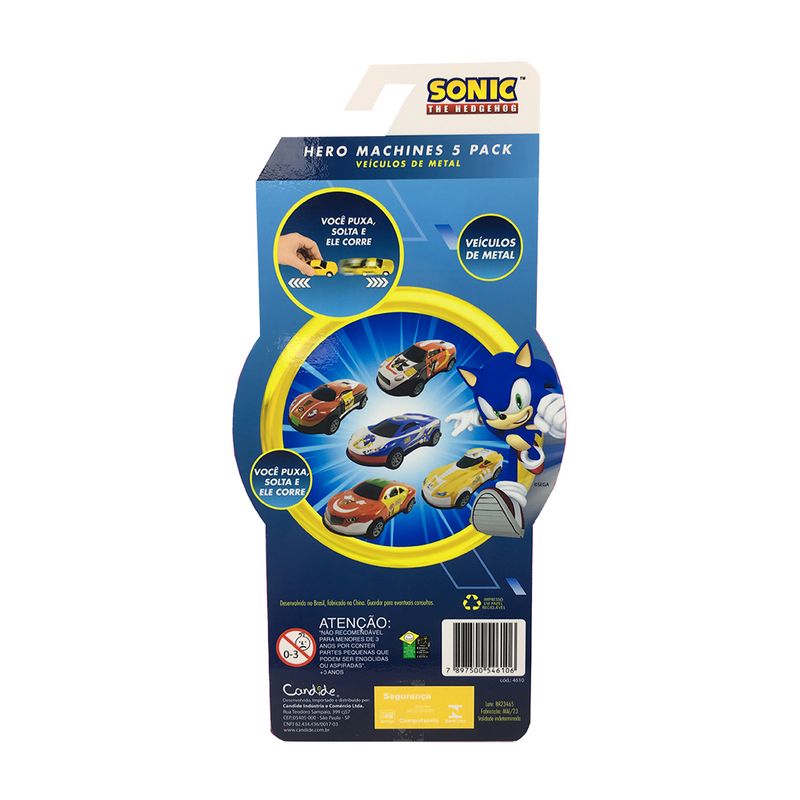 Kit com 5 Mini Carrinhos Pull Back Sonic